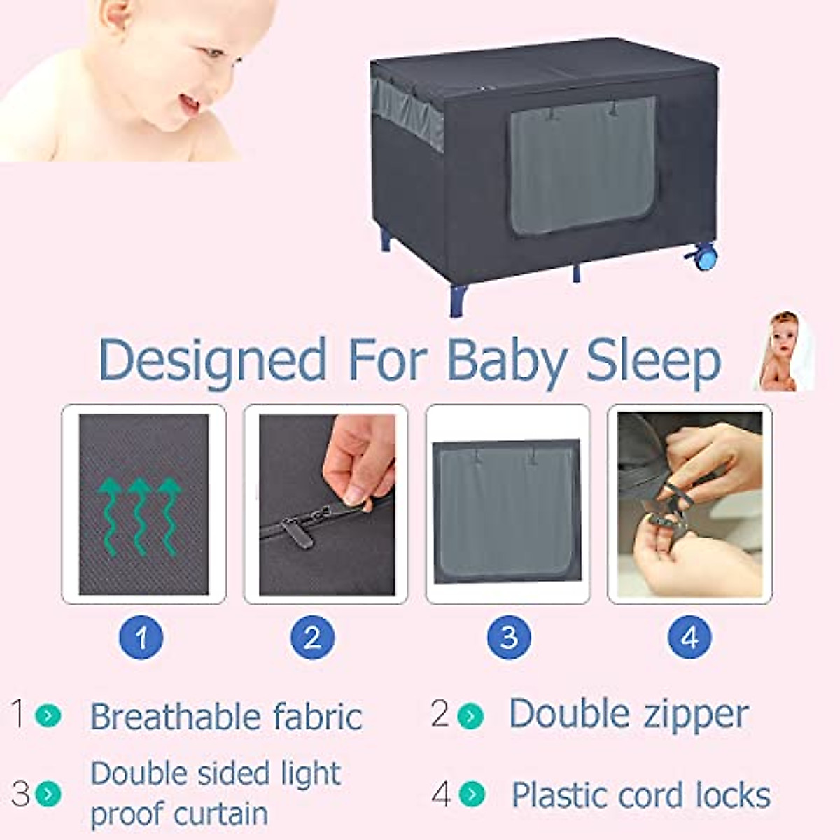 QXSMAHP Pack N Play Blackout Cover Crib Blackout Cover Stretchy Breathable Pack N Play Cover for Baby Provide More Cozy Dark Sleep Space (Black)