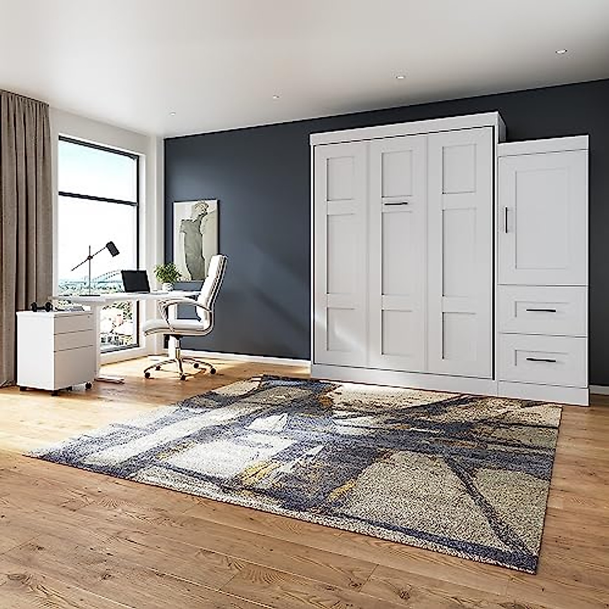 Bestar Edge Queen Murphy Bed and Wardrobe with Drawers in White, Space-Saving Wall Bed with Storage for Guest Room