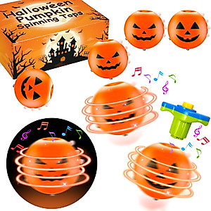 Halloween Basket Goodie Bag Stuffer Fillers for Kids, 4 Pack Pumpkin Light Up Spinning Top Toys Gifts for Toddlers, Halloween Treats Non Candy Birthday Party Favors, Classroom Prizes for Boys Girls