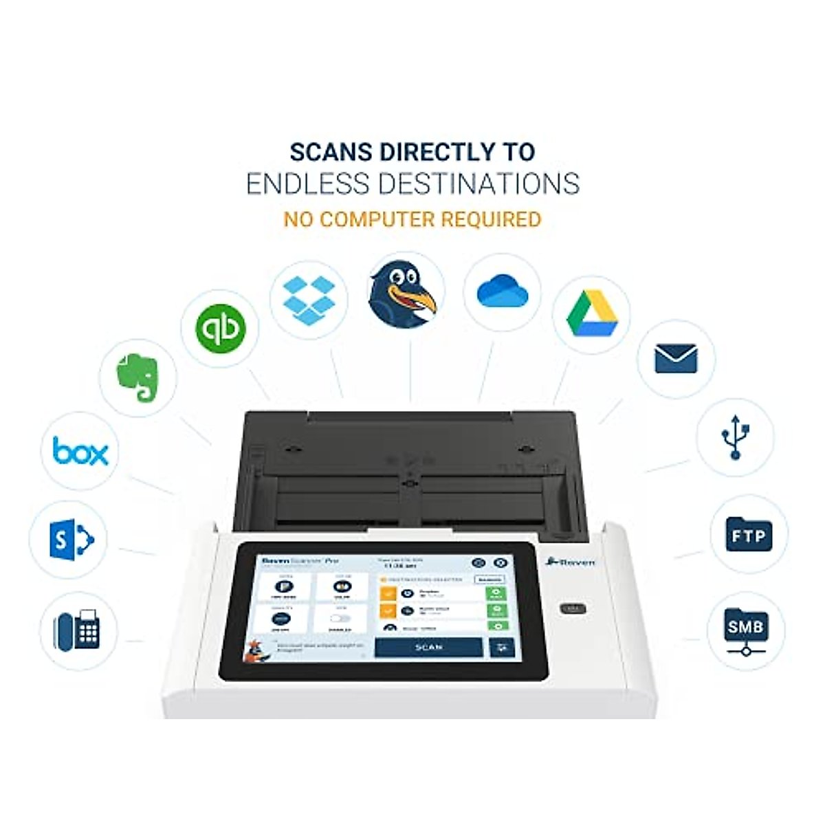 Raven Pro Max Document Scanner - Huge Touchscreen, High Speed Color Duplex Feeder (ADF) + Flatbed Combo, Wireless Scan to Cloud, WiFi, Ethernet, USB, Home or Office Desktop