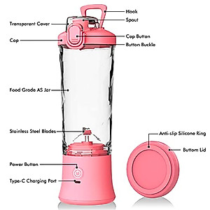 Portable Blender, Cordless Personal Blender for Shakes and Smoothies USB Rechargeable, 20 Oz Mini Fruit Juice Blender Mixer with 6 Blades for Kitchen/Home/Travel