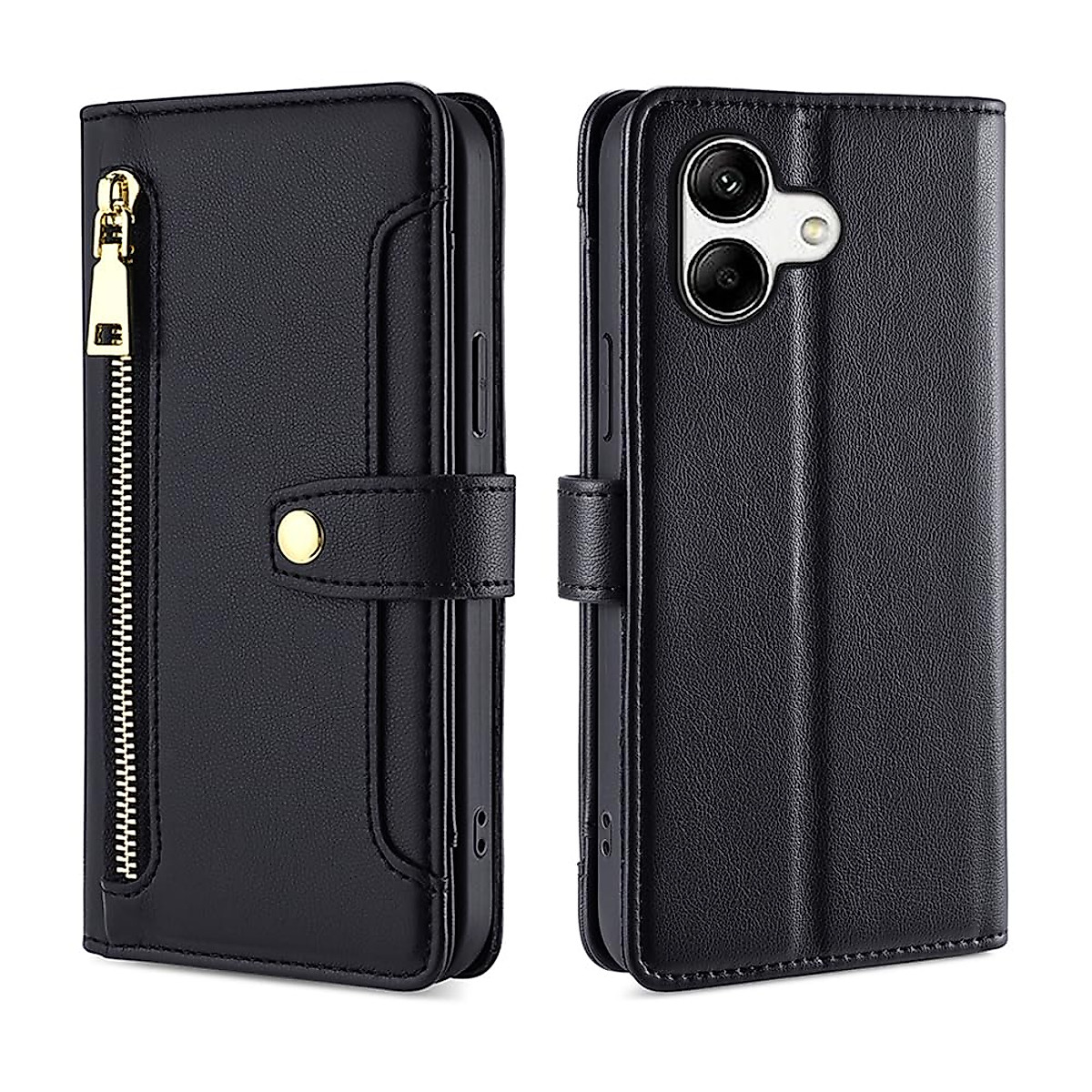 Asuwish Phone Case for Samsung Galaxy A04 Wallet Cover and Tempered Glass Screen Protector Zipper Card Holder Slot Stand Magnetic Leather Cell Accessories Flip Protective Ao4 A 04 4G Women Men Black