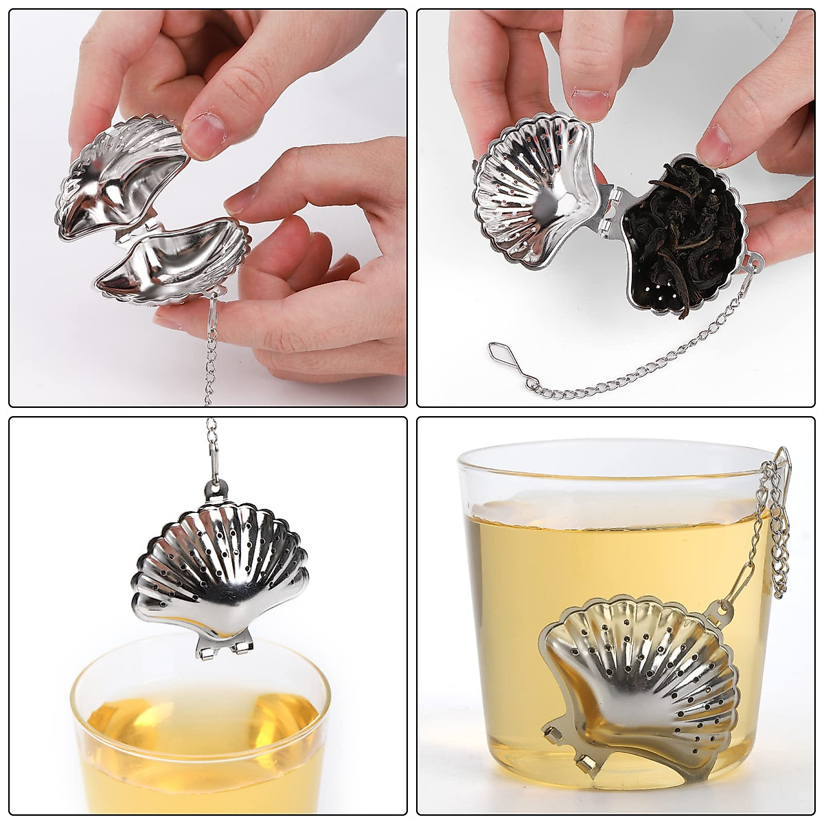Elsjoy Set of 8 Loose Leaf Tea Infusers with Chain and 8 Drip Trays, 18/8 Stainless Steel Tea Balls Cute Tea Steepers, Mini Tea Strainer Tea Filter Set for Mugs, Tea Cups, Teapots, 16 Pcs