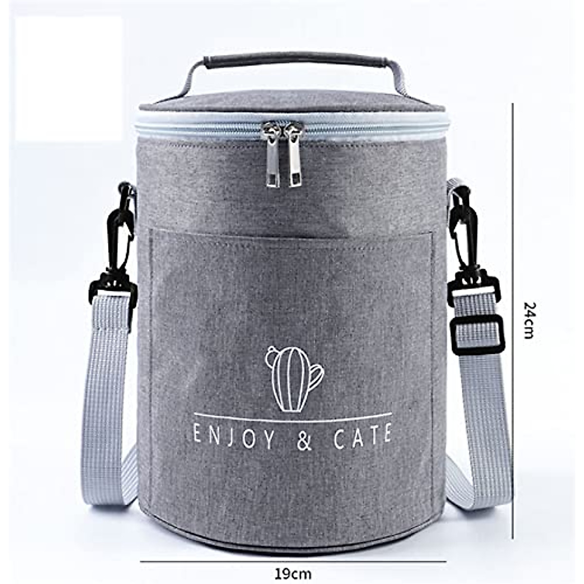 Dezapuby Waterproof Oxford Bento Bag Portable Round Insulated Lunch Bag with Removable Strap Thicken Aluminum Cooler Bag Two-way Zipper for Women and Men Work Travel Picnic (Gray)