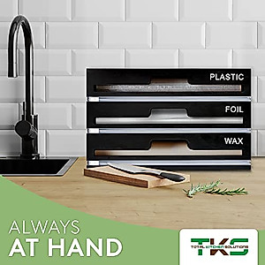 3 in 1 Wrap Dispenser with Cutter -TKS Plastic Wrap, Aluminum Foil, Parchment Wax Paper Organization Storage, Black Bamboo Roll Organizer Holder for Kitchen Drawer