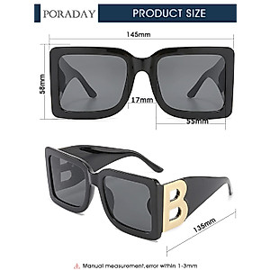 PORADAY Fashion Large Square Sunglasses for Women Men Trendy Black Thick Frame Luxury Designer Sun Glasses Modern Big Frame (Black Gold/Grey)