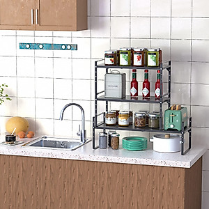 iPEGTOP Expandable Cabinet Storage Shelf Organizer, Heavy Duty Steel Metal Spice Rack Adjustable Height Home Office Garage Pantry Shelf Space Riser for Counter Kitchen Organization, Black, 1 Pack