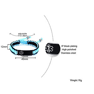 VNOX Customize Medical Alert 13MM Handmade Braided Rope Stainless Steel ID Paracord Adjustable Bracelet,Blue