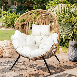 Vongrasig Wicker Egg Chair PE Rattan Chair with Cushion, Oversized Patio Lounge Chair for Outdoor, Indoor, Balcony, Backyard, Garden, Beige