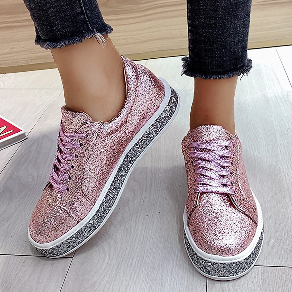 Women's Glitter Sneakers ENVEZ Shiny Lace-up Low Top Fashion Sneaker Bling Non Slip Flats Shoes Ladies Casual Tennis Shoes Outdoor Comfortable Running Walking Shoes A-Pink