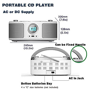 CD Radio Portable CD Player Boombox with Bluetooth,FM Radio, USB Input and 3.5mm AUX Headphone Jack,CD-R/CD-RW/MP3/WMA Playback,AC/Battery Powered(WTB-791)