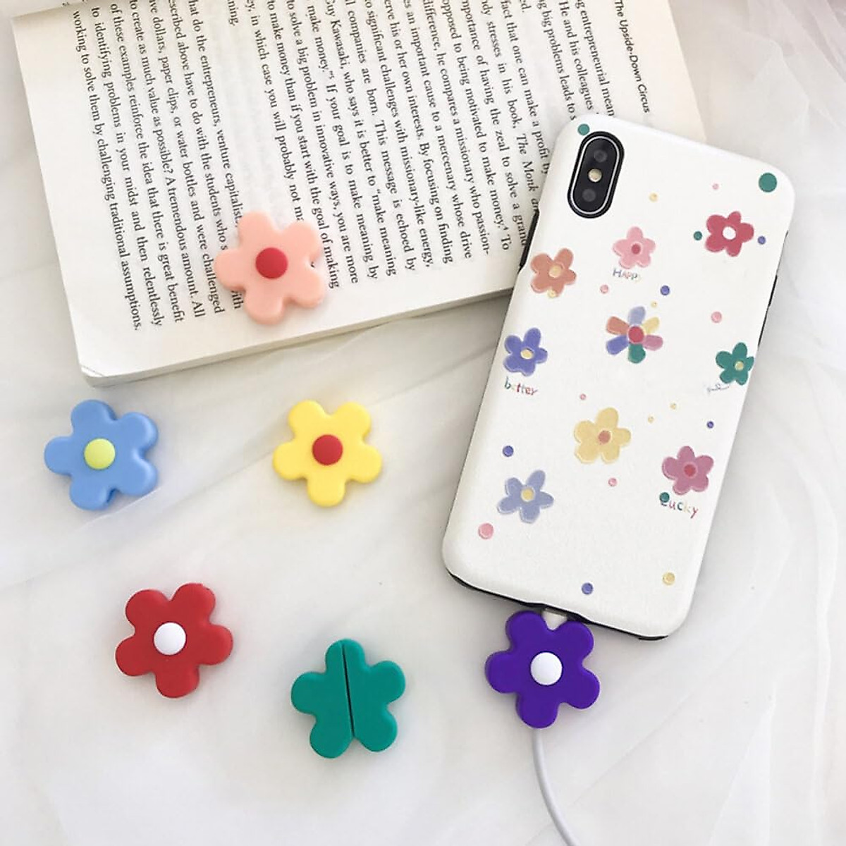 Hemobllo 2pcs Silicone Charging Cord Saver Mini Flower Charging Cable Protector Phone Cable Protective Cover (Blue and Green)
