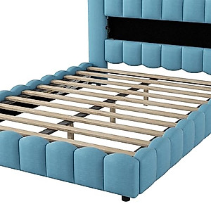 HAUSHECK Upholstered Bed Frame Queen Size with Large Underneath Storage, LED Headboard and USB Ports, Queen Floor Bed Frame w/Wooden Slats Support, Modern Platform Bed No Box Spring Needed