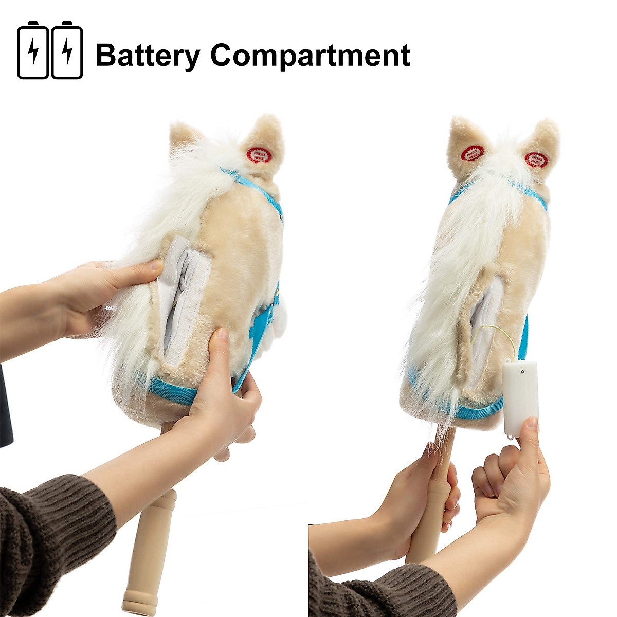 HollyHOME Stick Horse Plush Handcrafted Hobby Horse on a Stick with Wood Wheels Real Pony Neighing and Galloping Sounds for Kids Toddlers Beige 36 Inches(AA Batteries Required)