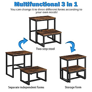 LIANTRAL Step Stools for Adults Kids, 3 in1 Heavy Duty Sturdy Two Step Stool, Supports Up to 500lb, Wooden Board Metal Frame, Foot Stool for High Bed Kitchen Bathroom - Rustic Brown