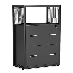 TRIBESIGNS WAY TO ORIGIN 2 Drawer File Cabinet with Lock, Large Lateral Filing Cabinet for Letter/Legal / A4 Size, Wood Printer Stand with Open Storage Shelves for Home Office (Black)