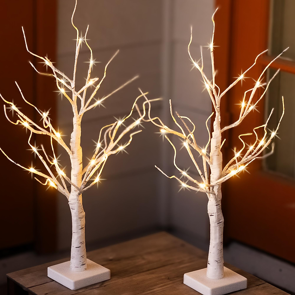 Easter Tree Lighted Birch Tree with Led Lights | USB/Battery Operated | Easter Egg Tree Tabletop Decorations, 2FT 24 LEDs Warm White Lighted Trees for Decoration Inside 2Pk