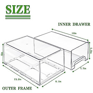 Totexil Fridge Drawers, 2 Pack Clear Stackable Pull Out Refrigerator Organizer Bins,BPA-Free Plastic Pantry Organization and Storage,Clear Storage Bins with Drawers for Kitchen Cabinet Office(X-Large)