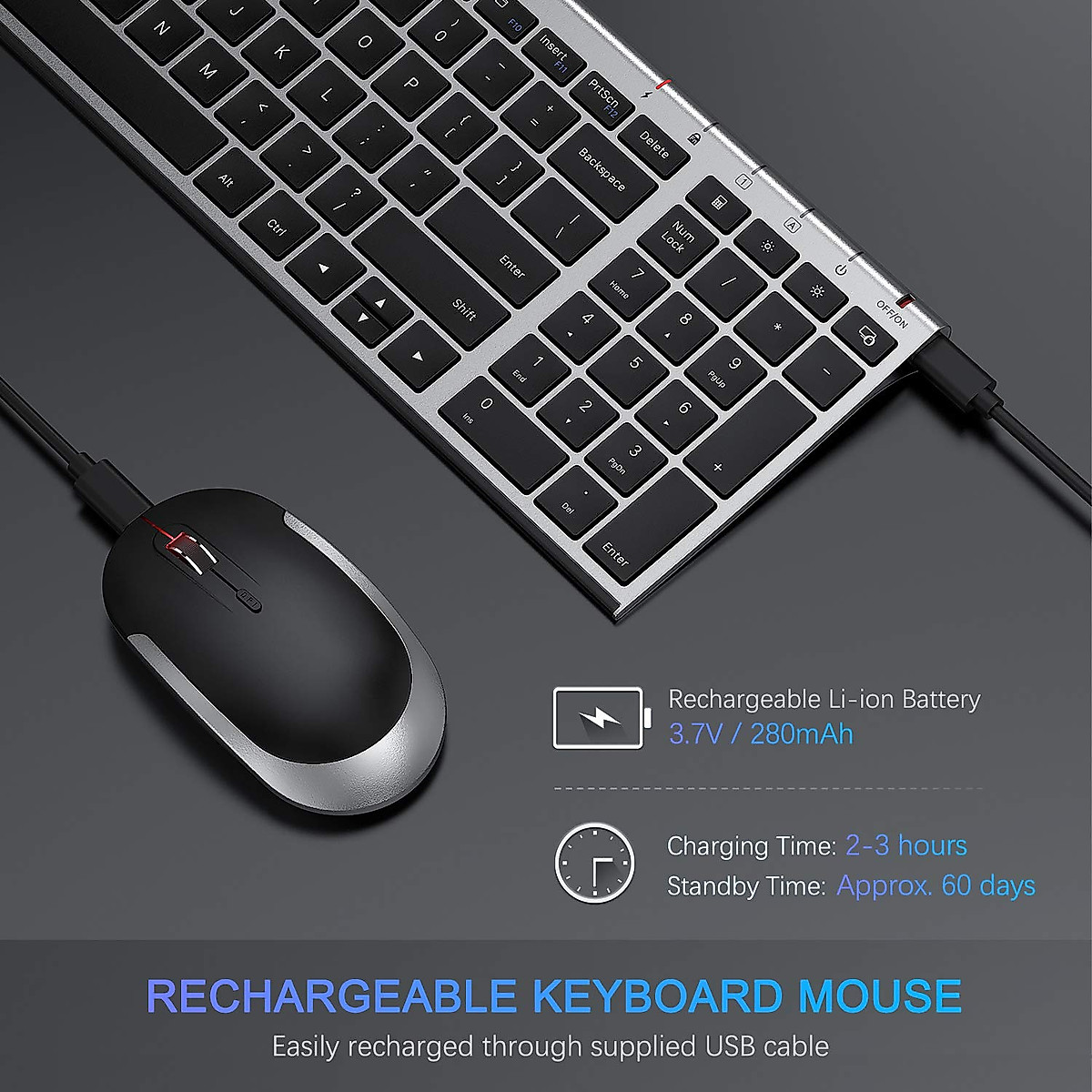 TechGround Rechargeable Wireless Keyboard Mouse, 2.4GHz Ultra Slim Compact Wireless Keyboard Mouse Combo for Laptop, Desktop, Windows