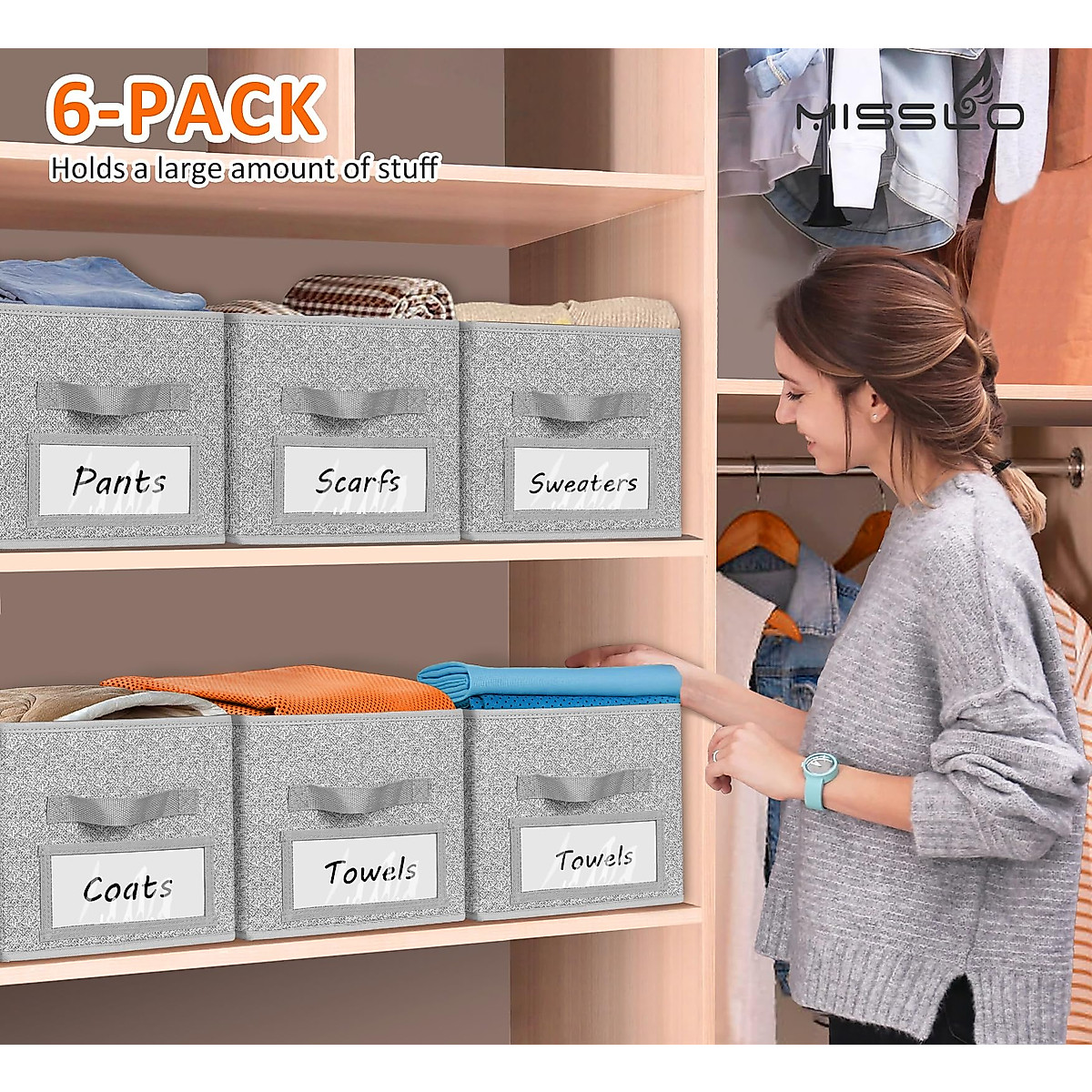 MISSLO 6 Pack Closet Storage Bins for Shelves with Label Holders Linen Closet Storage Basket for Organizing Clothes Organizers Non-Metal Fabric Storage Bin Organizer, Gray