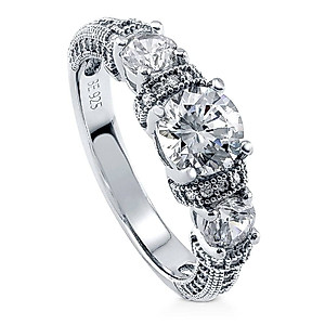 BERRICLE Sterling Silver 3-Stone Wedding Engagement Rings Round Cubic Zirconia CZ Art Deco Promise Ring for Women, Rhodium Plated Size 9