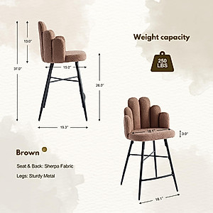 RHYNZEE 26 inch Bar Stools Set of 2, Boucle Fabric Modern Counter Height Bar Stools with Back and Black Metal Legs, Sherpa Upholstered Kitchen Island Chair for Home Kitchen Bistro Coffee Shop (Brown)