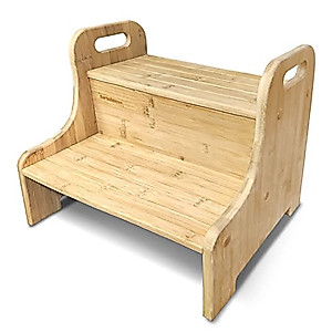 Garbuildman 2 Step Stool for Kids, Bamboo Toddler Stepping Stool with Handles for Children, Detachable Small Bathroom Toilet Potty Training & Kitchen Kid’s Learning Step Stool