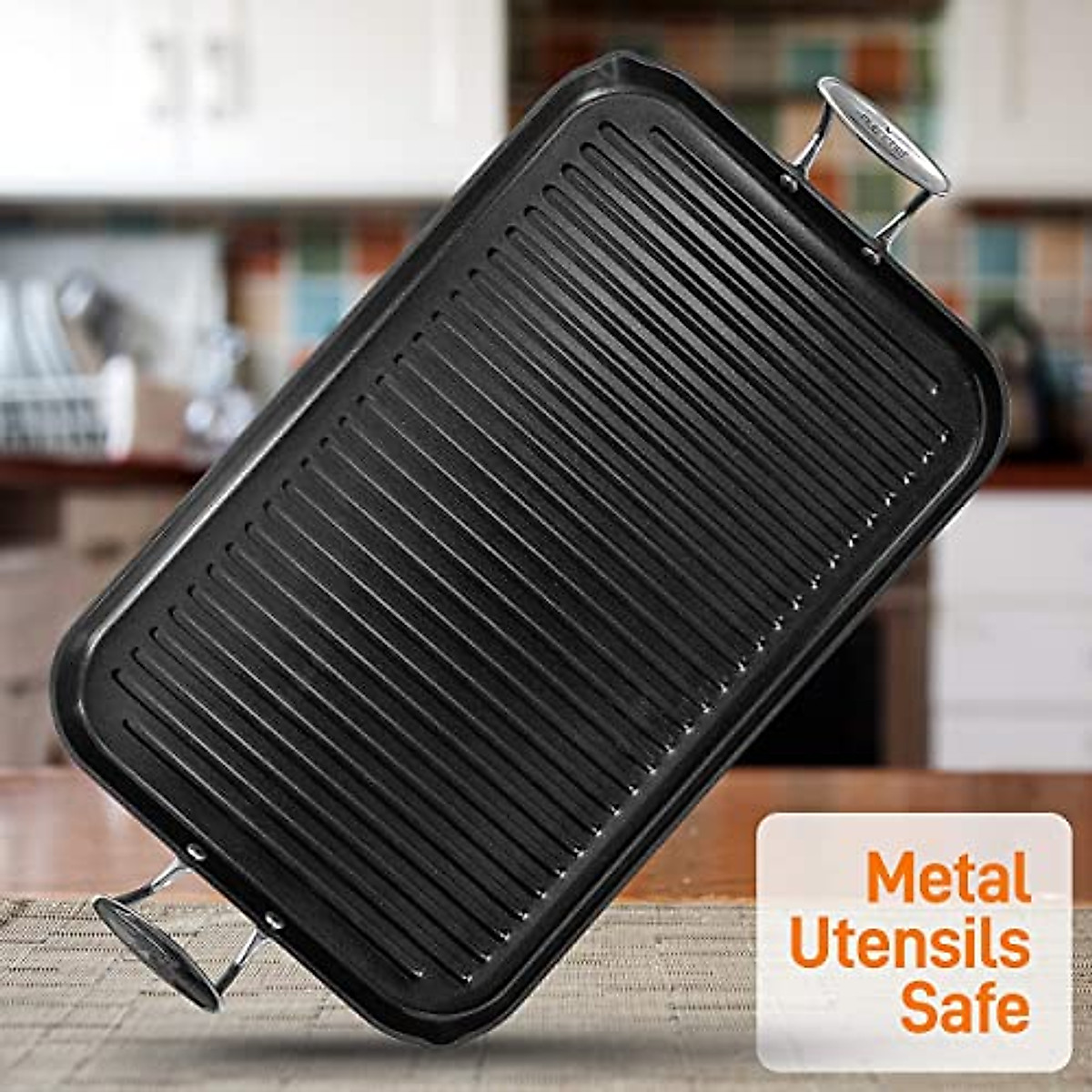 NutriChef Nonstick Stove Top Grill Pan - PTFE/PFOA/PFOS Free Need two Burners 20" x 13" Hard-Anodized Non stick Grill & Griddle Pan - Kitchen Cookware, Dishwasher Safe NCGRP59