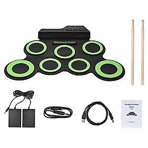 LokFy Electronic Drum Set Roll Up Drum Pad Portable, with Headphone Jack, Foot Pedals and Drum Sticks, Gift for Beginner (Green)
