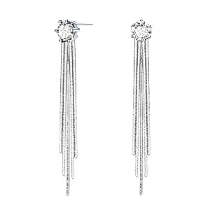 KristLand - S925 Silver/Alloy Hook Sleek Chain Tassel Drop Earrings Long Crystal Fringe Dangle Simple Dainty Earrings Tassel Earrings A Zircon Silver