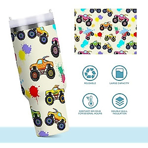 ODAWA 40oz Travel Coffee Tumbler with Straw and Handle, Colorful Monster Trucks Double Wall Insulated Tumbler
