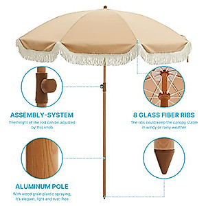 Kbrellaoutlets 7ft Patio Umbrella, UV 50+ Protection, Beach Umbrellas for Sand with Fringe, Wood Grain Aluminum Pole, 8 Ribs, Push Button Tilt, Garden Pool, Brown