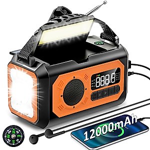 TURJGKSG 12000mAh Emergency Weather Radio, Hand Crank Radio, Portable AM/FM/NOAA Radio with 2 Solar Panels, Multi-Function Solar Radio with Flashlight Reading Lamp SOS, Compass, Power Bank(Orange)