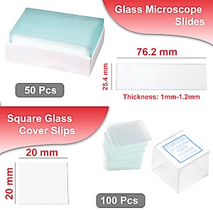 Microscope Slides Clear Glass 50 Pcs Pre-Cleaned Blank Microscope Slides Ground Edges 1" x 3" with 100pcs Pre-Cleaned 20mm x 20mm Microscope Cover Slips Glasses for Basic Biological Science Education