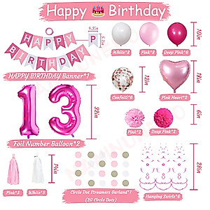 Sweet 13rd Birthday Decorations for Girls, Pink and White 13 Happy Birthday Balloons，13rd Birthday Party Supplies for Daughter Her Kids Including Pink Happy Birthday Banner, Hot Pink Number 13 Foil