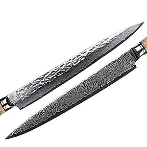 SUNLONG Fillet Knife Sashimi Sushi Carving Knife 10 Inch Japanese Knife - 67 layer Damascus Steel- Natural Burl Wood Handle - Walnut Wood Sheath - Flannel Knife Bag