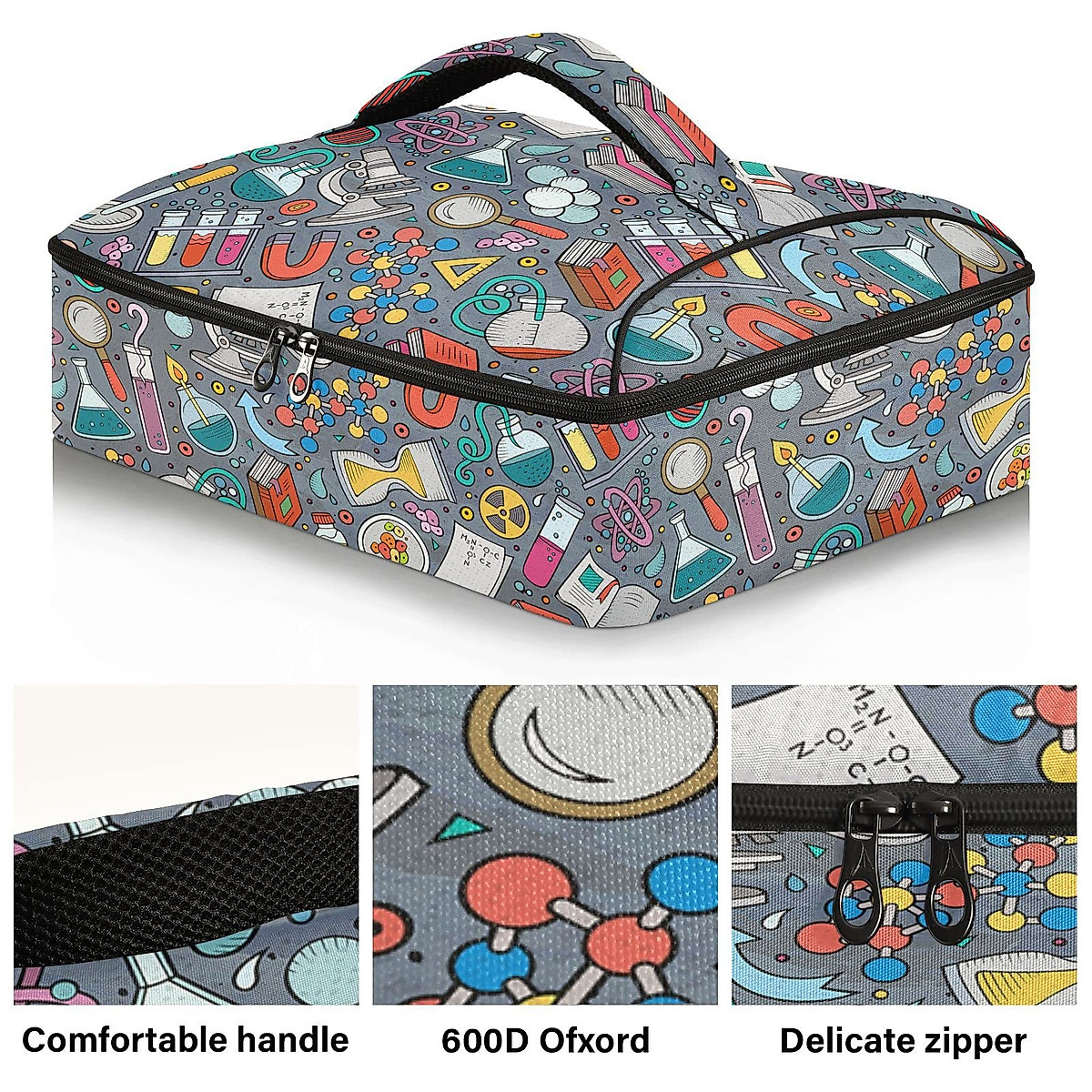 Science Scientific Objects Reusable Insulated Pizza Bag, Waterproof Food Delivery Bag, with Handle Lid Leakproof Pizza Holder Tote for Hot or Cold Food