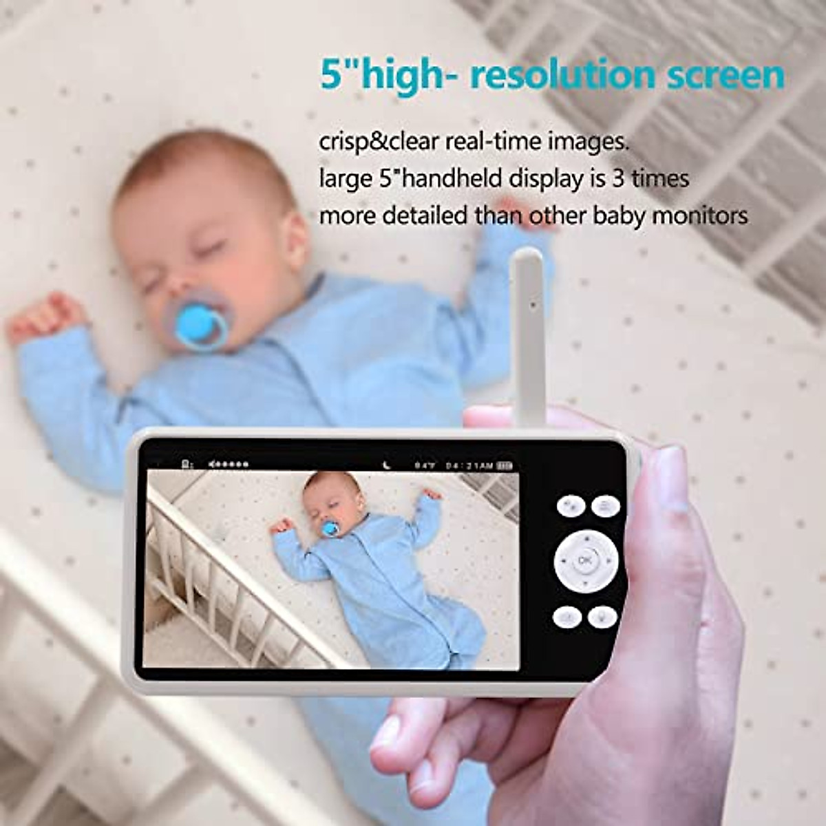 Sebikam Baby Monitor,5''LCD Display,Pan-Tilt-Zoom Video Baby Monitor with 1080P Camera and Audio, Night Vision, Two Way Talk,Temperature,5 Lullabies and 1000ft Range No WiFi for Baby/Elderly