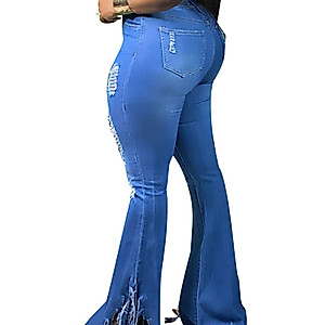 Skinny Ripped Bell Bottom Jeans for Women Classic High Waisted Destroyed Flare Jeans Distressed Raw Hem Denim Pants (Blue,3X-Large)