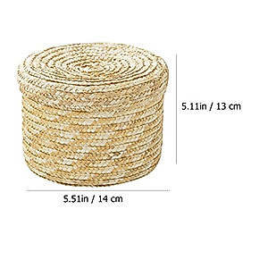 Storage Basket Straw Woven Storage Baskets with Lid Round Sundries Basket Gift Basket Desktop Storage Organizer for Vanity Cabinet Office 14x13cm Woven Storage Basket