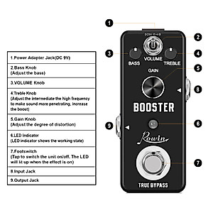 Rowin Booster Pedal with Rich Distortion Sound True Bypass LEF-318