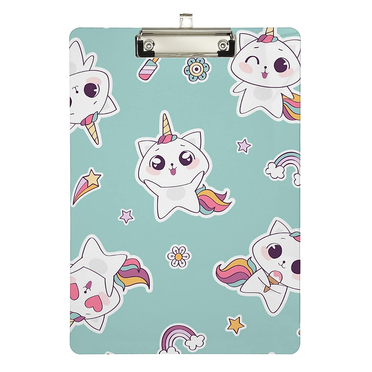 Plastic Clipboard Cute Unicorn Cat Caticorn A4 Letter Size 12.5 x 9 Inch with Metal Low Profile Clip for Office Classroom Students Coaches （Gold Clip）