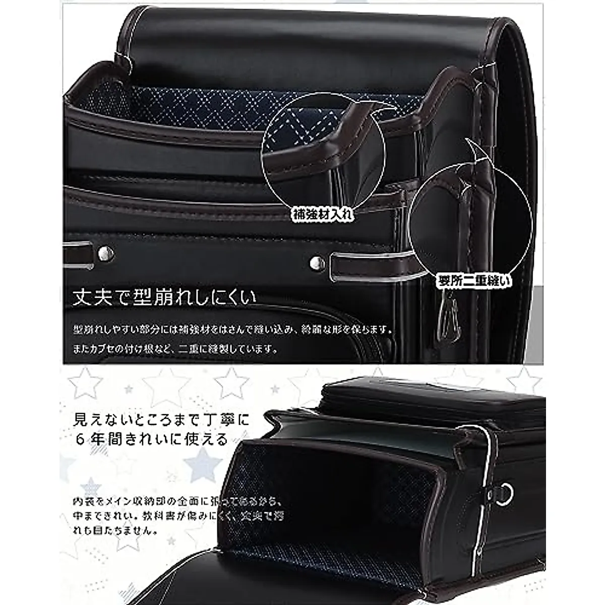 Baobab's wish Ransel Randoseru Backpack Semi-automatic satchel Japanese school bag for girls and boys PU leather bab-rng58 (Black 01)