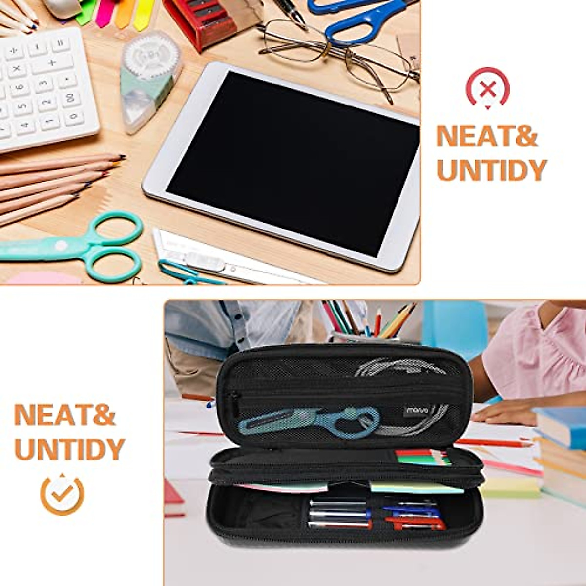 MOSISO Pen Pencil Case with Handle & Snap Hook, Large Capacity Double Layer Durable Portable EVA Hard Case Storage Bag Protective Organizer Pencil Sleeve for School Office College Supplies, Black