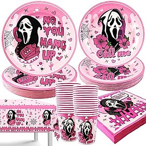 Halloween Decorations 121PCS Pink No You Hang Up Halloween Disposable Tableware Including Call Me Halloween Plates Halloween Cups Halloween Napkins and Halloween Tablecloths Serve 30
