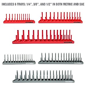 OEMTOOLS 22413 6 Piece SAE and Metric Socket Tray Set, SAE and Metric Socket Storage for Sizes 1/4", 3/8”, and 1/2" Drive, Socket Holders and Socket Organizer Tray for Toolbox, Red/Grey