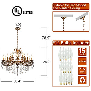 MEEROSEE Crystal Chandeliers Contemporary Chandelier Island Lighting 15 Lights Candle Pendant Ceiling Light Fixture for Dining Room Living Room Kitchen Bedroom Hallway Entry D35.4