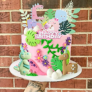 GallaRato Little Dino Birthday Cake Decoration Dinosaur Egg Cake Topper Little Dinosaur Birthday Party Supplies Dinosaur Cake Decoration Three Rex Cake Decoration (Pink)