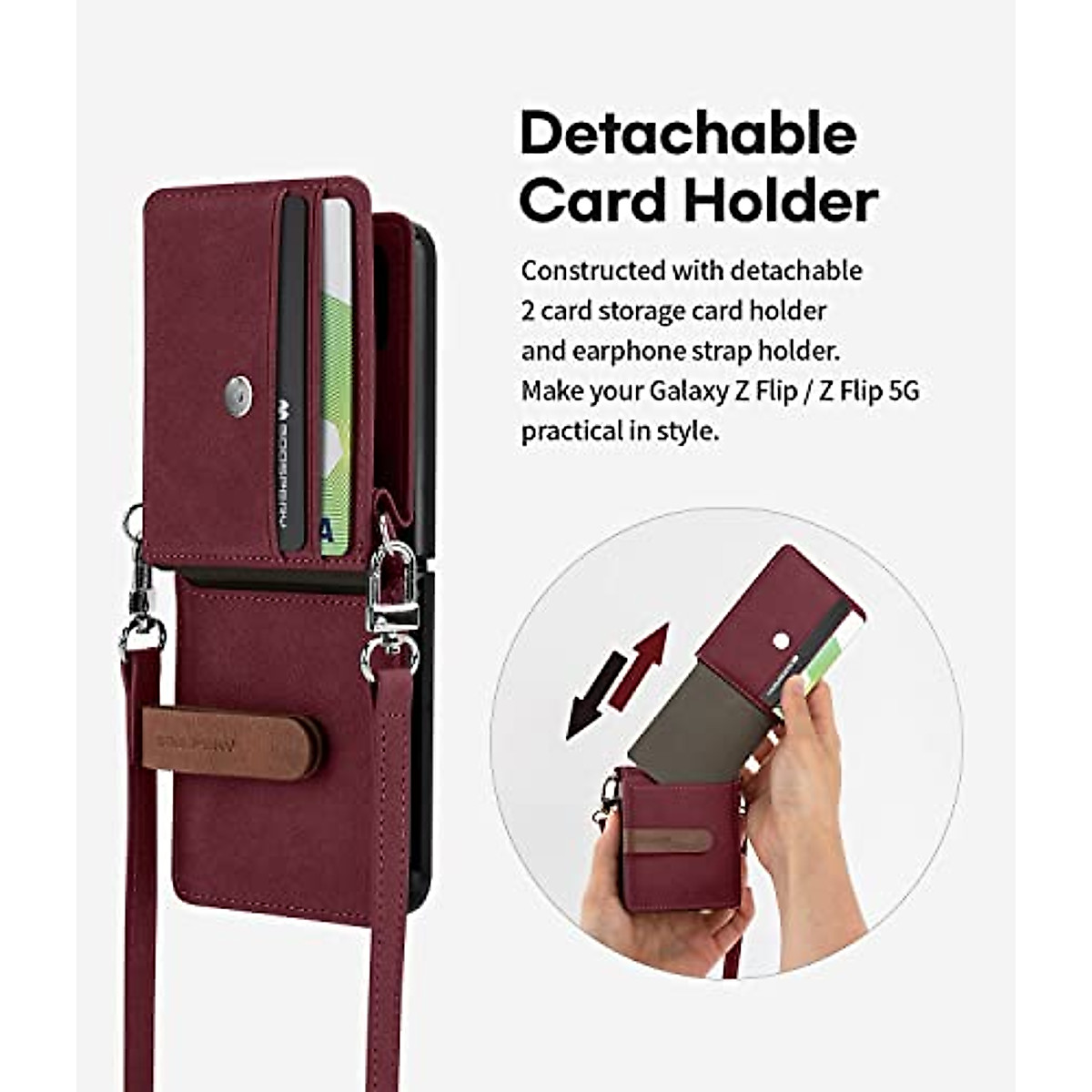 GOOSPERY Wallet Case Compatible with Galaxy Z Flip, Detachable Card Holder 2 Card Pocket Storage Premium PU Leather Adjustable Cross-Body Strap Attached Earbud Cord Organizer (Burgundy) ZFLP-DAR-BD
