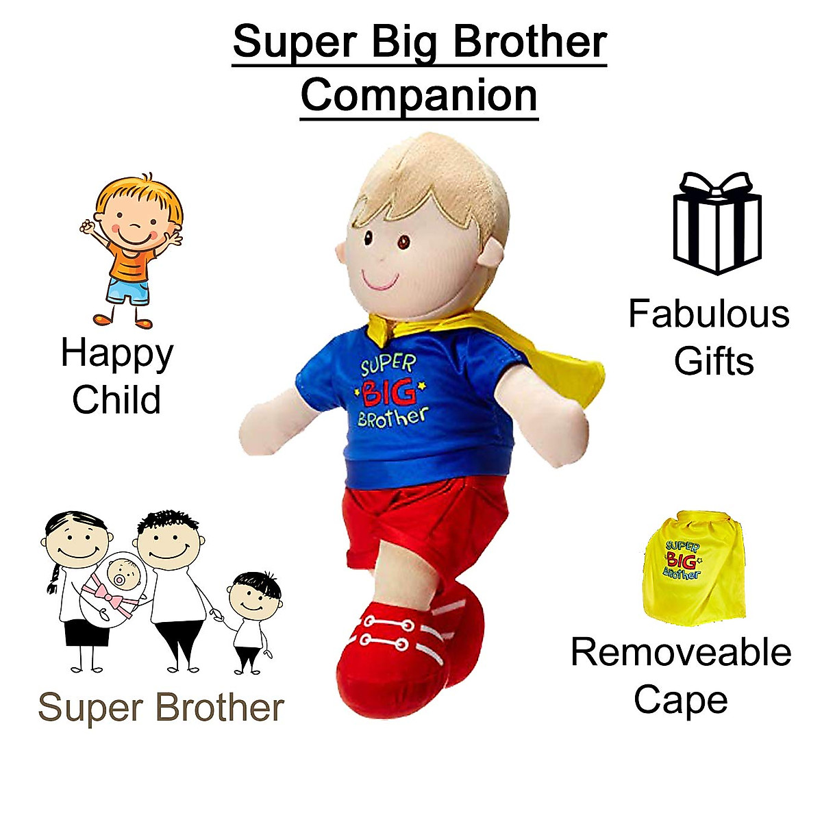 Big Brother Set for Little Boys and Toddlers, Super Big Brother Doll with Cape and I am a Big Brother Book by Carolyn Church Bundle with Gift Tag (Super Brother / Church / Gift Tag)